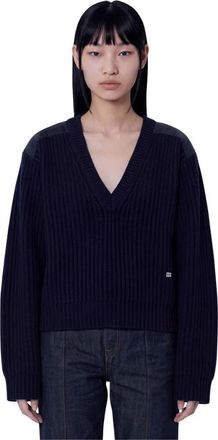 Ganni Woll Melange Rippstrick V-Ausschnitt - - Knitwear - Damen - Blau - S