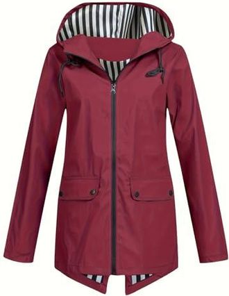 Generic Veste de pluie l&eacute;g&egrave;re pour femme avec capuche, grande taille, coupe-vent, fermeture &eacute;clair, poches, Rouge, XXL