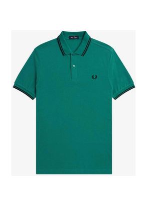 Fred Perry Schwarzes, mintgrünes Poloshirt mit Doppelstreifenkragen
