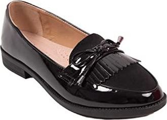 Primtex Mocassins Femme en Simili Cuir Verni - Chaussures Plates Elégantes et Confortables Intérieur Cuir avec Franges et Noeud