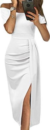 TOMWELL Robe de Soirée Longue Femme Robe Latérale Paillettes Robe Cocktail Manches Longues Col en V Chic et Elegante Robes Clubbing A Blanc XXL