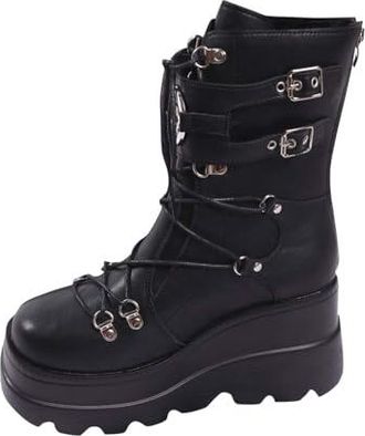 Generic Bottes de combat gothiques &agrave; plateforme pour femme - Talon &eacute;pais - Bottines de moto &agrave; bout rond - Avec fermeture &eacute;clair &agrave; larri&egrave;re - Pour f&ecirc;te, Noir, 