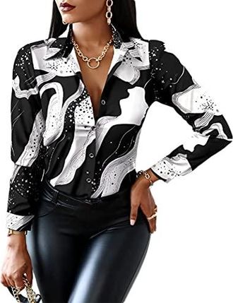 Onsoyours Chemisier Femme Manches Longues Shirt Patchwork Chemise Classique Chic Boutonné Col en V Blouse Tunique Hauts Blanc 2 XXL