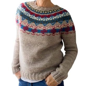 Generic Pull Islandais Femme Hiver Chaud 2025 Sans Capuche - Pullover Grande Taille en Mohair Jacquard Irlandais - Sweater Chic &agrave; Motif Tricot&eacute;