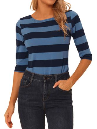 Allegra K Damen Gestreiftes Shirt U Boot Ausschnitt Halbarm Party Ferien Streifen Top Bluse Blau Dunkelblau XL