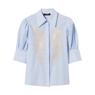 Twin-Set Actitude, Femme, Blouses et Chemises, Bleu, Taille: 40 FR Chemise Brod&eacute;e &agrave; Rayures B&acirc;ton