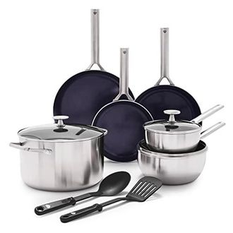 Blue Diamond Cookware Triple Steel Edelstahl Diamantverstärkte Keramik Antihaft 11-teiliges Kochgeschirr, Bratpfannen,Kochtöpfe, PFAS-frei, Mehrschichtig, Induktio