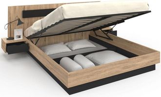 IDMarket Lit coffre double SANTA avec t&ecirc;te de lit + tables de chevet int&eacute;gr&eacute;es et sommier 160 x 200 cm bois et noir