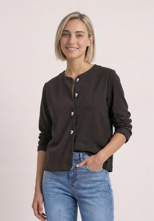 Street One Cardigan STREET ONE, Damen, Gr. 34, braun (schwarz coffee), Stoff, 48% Viskose, 48% Polyester, 4% Elasthan, unifarben, comfort fit normal, Rundhals, n