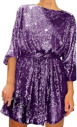 Generic Robe courte scintillante à manches longues pour femme, robe à paillettes tendance, col rond, robe courte élégante, tunique basique à paillettes avec c