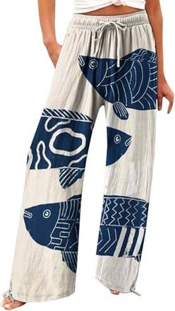 Generic Pantalon droit en lin m&eacute;lang&eacute; &agrave; motif de poisson r&eacute;tro pour femme, pantalon d&eacute;contract&eacute; confortable &agrave; jambe large avec poches pour les excursions en g