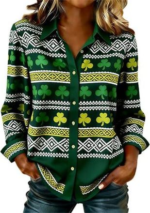 Generic Chemisiers en satin pour femme - Chemise boutonn&eacute;e &agrave; manches longues - Tr&egrave;fle porte-bonheur - En satin de soie - Col en V - Style d&eacute;contract&eacute; - Coupe 