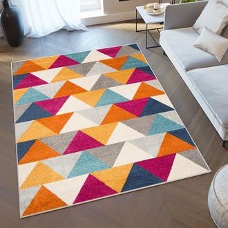 Tapiso Lazur Poil Ras Moderne Turquoise Gris Cr&egrave;me Orange G&eacute;om&eacute;trique Motif Triangles Tapis Salon Chambre Adulte Salle &agrave; Manger Bureau Oeko-TEX R&eacute;sistant 300