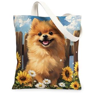 Generic Sac fourre-tout en toile pour faire du shopping, motif chien de Pom&eacute;ranie printanien, 33 x 38,1 cm, sac d&eacute;picerie r&eacute;utilisable pour femme, ferme, anim