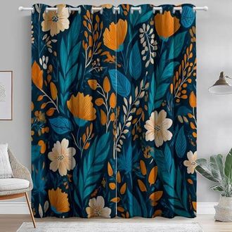 Generic Rideau Occultants Fleurs rétro, Fond Bleu et Fleurs Orange Isolant Thermique Anti Froid en Chambre Salon pour Rideaux à Oeillets Bleu Orange Les bloqu