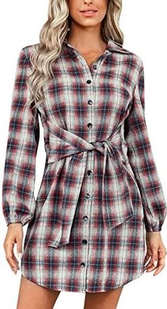 Generic Robes amincissantes &agrave; carreaux pour femmes, robe d&eacute;contract&eacute;e &agrave; lacets, coupe ajust&eacute;e, 2026, Rouge, L