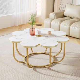 Tribesigns Tribesigns - Table basse moderne en forme de fleur 100 cm - Plateau en faux marbre r&eacute;sistant - Cadre en m&eacute;tal dor&eacute; - Hauteur 50 cm pour salon ou