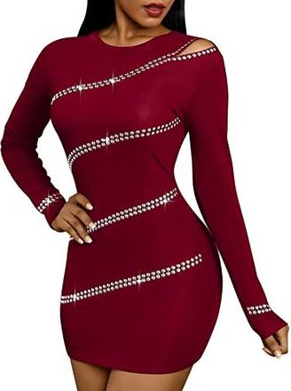 Generic 2026 Robe amincissante &agrave; manches longues rondes et fines en strass pour femme, bordeaux, XL