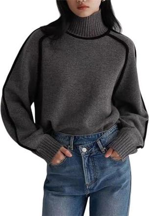 Generic Pull &agrave; col roul&eacute; surdimensionn&eacute; confortable en tricot avec bordure contrast&eacute;e pour lhiver, pull basique tendance pour lautomne, Noir, 3XL