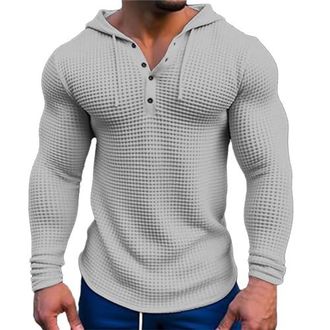 Generic Henley Sweat &agrave; capuche gaufr&eacute; pour homme, t-shirt Henley gaufr&eacute; avec cordon de serrage, coupe muscl&eacute;e, manches longues, sweat &agrave; capuche pour homme, sw