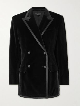 Dolce & Gabbana Doppelreihiger Blazer Aus Samt Aus Einer Baumwollmischung Mit Besätzen Aus Seidensatin - Schwarz