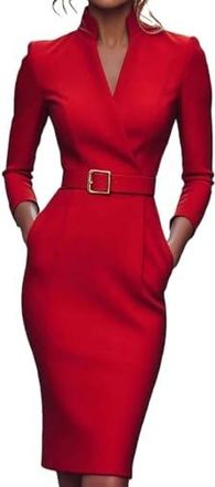 Generic Robe moulante &agrave; manches longues de style fran&ccedil;ais avec col en V et lacets pour femme Moda Robe d&eacute;v&eacute;nements dautomne, Rouge, XL