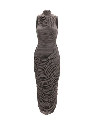 Magda Butrym Womens Dress Draped High-Neck Midi Brown Cupro
