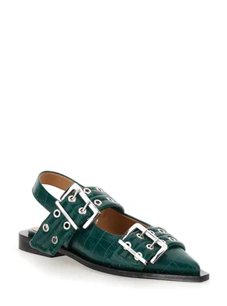 Ganni Womens Green Ballet Shoes With Double Buckle Recycled Leather Ballerina