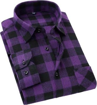 Generic Chemise &agrave; carreaux en flanelle pour homme, manches longues, boutonn&eacute;e, coupe droite, chemisier avec double poches, Chemise &agrave; carreaux violet pour homm