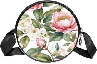 Generic Petit sac &agrave; bandouli&egrave;re circulaire pour femme, motif feuilles florales, sac &agrave; dos avec fermeture &eacute;clair, bretelles r&eacute;glables, sac &agrave; main rond d&eacute;contra