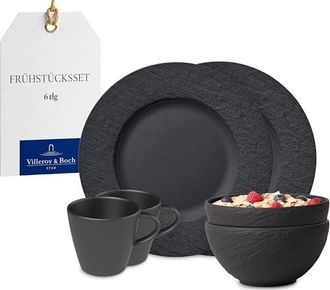 Villeroy & Boch Manufacture Frühstücks-Set 6 teilig Schwarz, Spülmaschinenfest, Mikrowellensicher, Geschirrset, Geschirr Set mit Frühstückstellern, Tassen und Schüsse