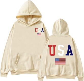 Generic Sweat &agrave; capuche dautomne pour femme avec poche Motif drapeau am&eacute;ricain USA, beige, M
