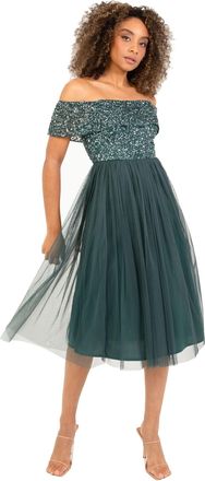 Maya Damen Ladies Bardot Dresses for Women Midi High Empire Waist Sequins Embellished Formal Evening for Wedding Guest Brautjungfernkleid, Emerald Green, 2