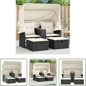 vidaXL Sonnendach - Gartensofa 2-Sitzer mit Dach und Hockern Schwarz Poly Rattan