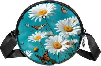 Generic Sac &agrave; bandouli&egrave;re rond pour femme, marguerites et papillons, petit sac &agrave; bandouli&egrave;re avec fermeture &eacute;clair, bretelles r&eacute;glables, sac &agrave; main rond d&eacute;con