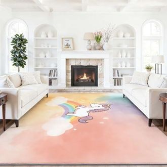Generic Moderne Antid&eacute;rapant Tapis Rose - Doux R&eacute;sistant Lavable en Machine Tapis &agrave; Motif Mignon Arc en Ciel Licorne Nuages Poil Ras Moquette pour Salon Chamb