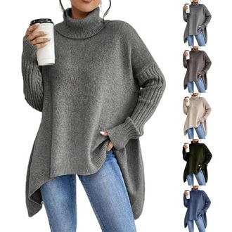 Generic Pull &agrave; col roul&eacute; de couleur unie pour femme, pull asym&eacute;trique &agrave; manches longues en tricot, robe sweat-shirt tendance, gris, XXL-6XL
