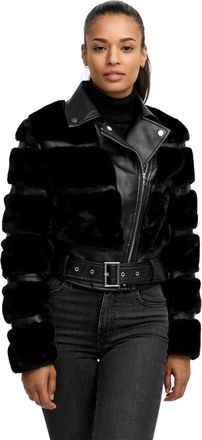 Tazzio Damen Jacke mit Biker-Vibe - Fellstreifen und cooler Reverskragen, mit G&uuml;rtel (Schwarz, M)