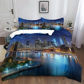Generic New York City Nachtansicht Blau Bettbezug Set 155x220 cm für Kinder Blau Bettwäsche Jungen Mädchen Weich Atmungsaktiv Microfaser Betten Set mit Reißve