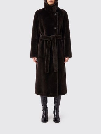Brunello Cucinelli Manteau long crois&eacute; en fourrure dagneau avec ceinture &agrave; la taille