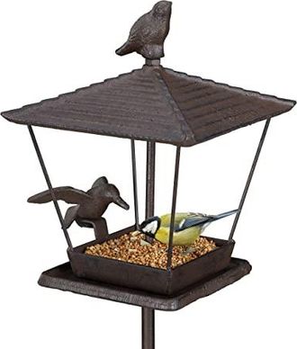 Relaxdays Vogelfutterhaus mit Erdspieß, Gusseisen, Futterstelle für Wildvögel, HBT: 115 x 15 x 16 cm, Vogelhaus, braun