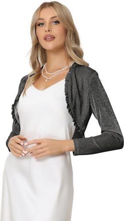 Allegra K Boléro Court à Paillettes Femme à Manches Longues Veste Court Brillant à Volants Boléro Léger pour Robe de Soirée Tenues de Fête Noir Argent XS