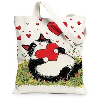 Generic Sacs fourre-tout en toile motif chat coeur, sacs &agrave; provisions r&eacute;utilisables, sacs &agrave; provisions r&eacute;utilisables, l&eacute;gers et lavables pour la Saint-Valenti