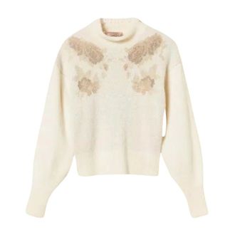 Twinset Pull Col Roul&eacute; Jacquard Roses - Femme - Pulls - Blanc - Taille: 42 FR