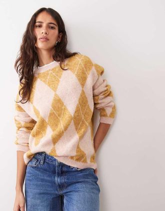 New Look Argyle-Strickpullover in Pink-Rosa