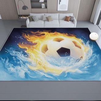 Generic Bleu Tapis pour Salon 120 x 170 cm, Lavables avec Dos Antid&eacute;rapant, Tapis &agrave; Poils Courts Imprim&eacute; Sports Abstrait Football 3D pour Cuisine Salle &agrave; Mang
