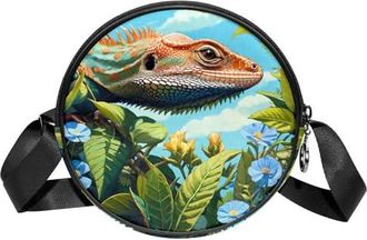Generic Petit sac &agrave; bandouli&egrave;re circulaire pour femme, motif l&eacute;zard fleur, sac &agrave; dos &agrave; bandouli&egrave;re avec fermeture &eacute;clair, bretelles r&eacute;glables, sac &agrave; main rond