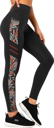 Yvette Sports Printed Damen Sport Leggings mit Taschen, high Waist Blickdicht Gym Sporthose, Orange Printed, XXL