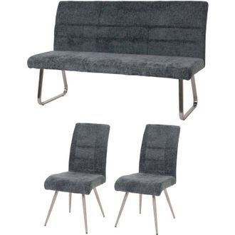 Hhg Esszimmer-Set 102, 2er-Set Stuhl + Sitzbank 160cm, Edelstahl geb&uuml;rstet Stoff/Textil Chenille blau-gr&uuml;n