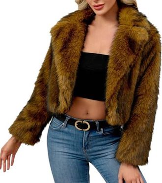 Generic Veste courte en fausse fourrure pour femme, cardigan court &eacute;l&eacute;gant &agrave; manches longues ouvert sur le devant, revers de couleur unie, manteau d&eacute;contract&eacute;